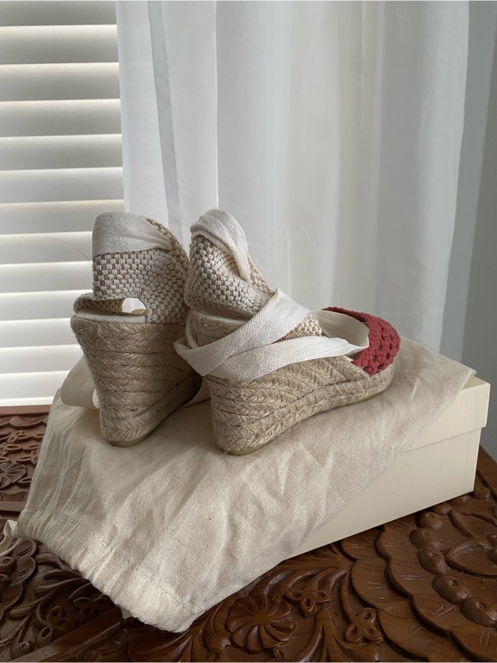 Sezane | Shoes | Sezane Red Crochet Espadrille Wedges With Cream Ribbon ...